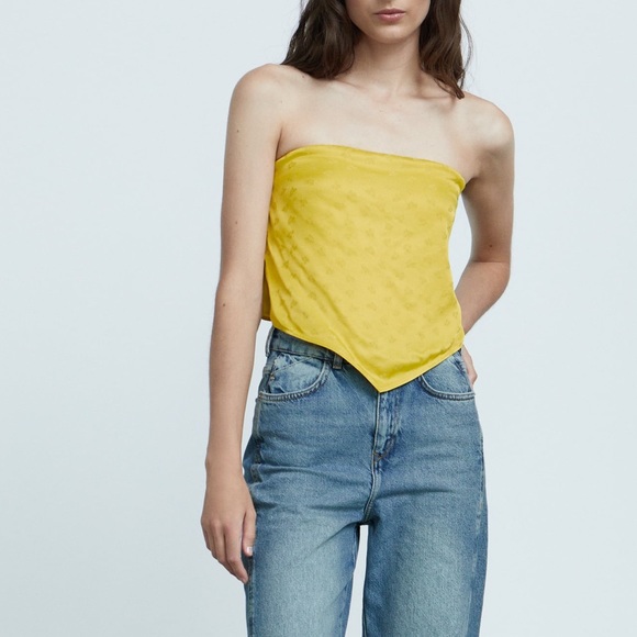 Zara | Tops | Zara Yellow Satin Floral Embroidered Smocked Back ...